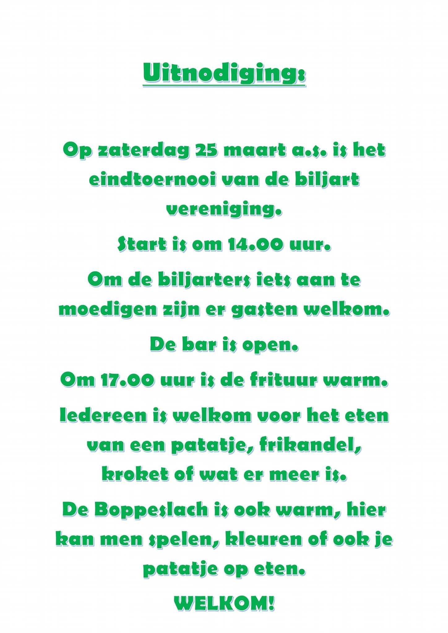 Zaterdag 25 Maart biljarten en gezellige middag voor het hele gezin