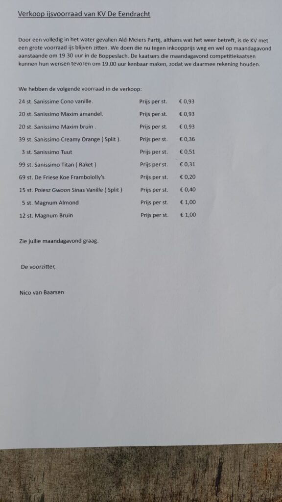 Verkoop ijsvoorraad van KV De Eendracht