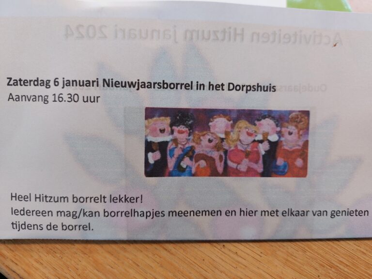 Nieuwjaarsborrel in het Dorpshuis vanmiddag 16:30 uur